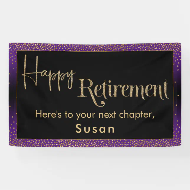Happy Retirement Gold Confetti, Bright Purple Banner | Zazzle