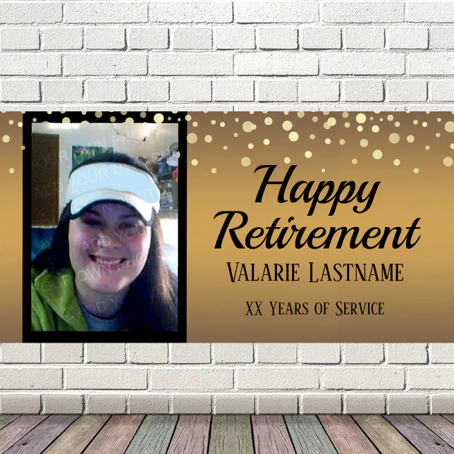 Happy Retirement Gold Confetti Budget One Photo Banner | Zazzle