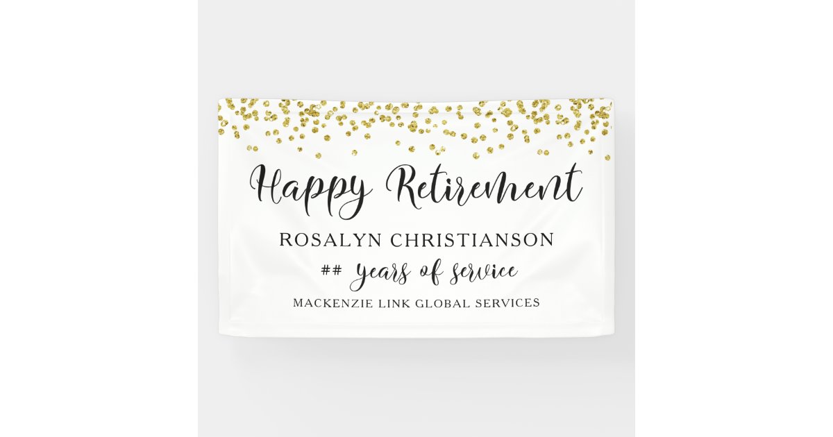 Happy Retirement Gold Confetti Script Personalized Banner | Zazzle