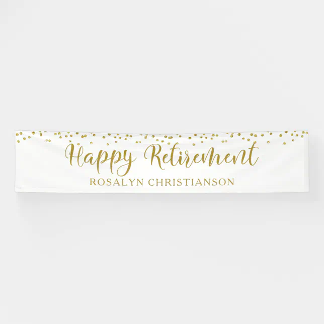 Happy Retirement Gold Confetti Script Personalized Banner | Zazzle