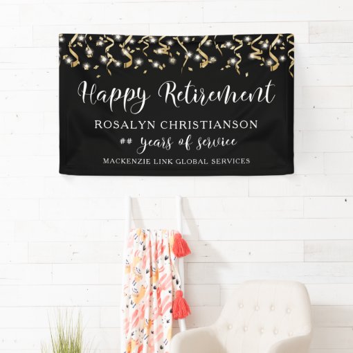 Happy Retirement Gold Confetti Streamers Script Banner | Zazzle
