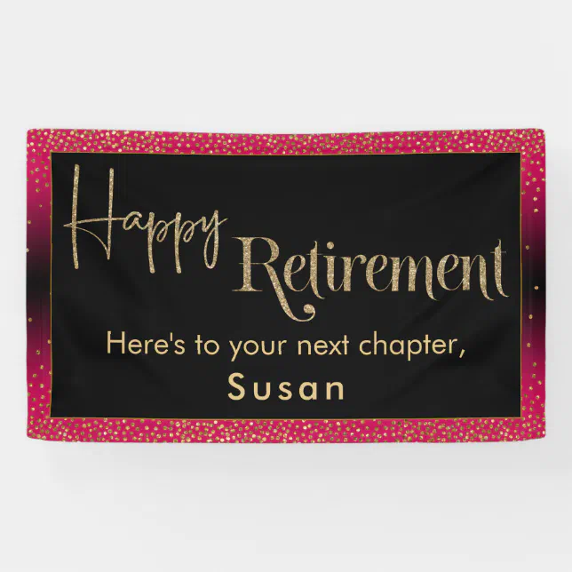 Happy Retirement Gold Glitter Confetti Raspberry Banner | Zazzle