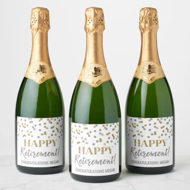 Happy Retirement Gold Silver Confetti Sparkling Wine Label | Zazzle