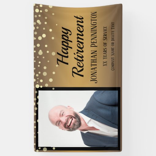 Happy Retirement Gold with Confetti One Photo Banner | Zazzle