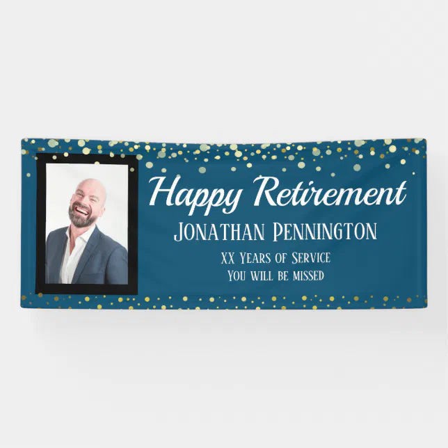 Happy Retirement Gold with Confetti One Photo Banner | Zazzle
