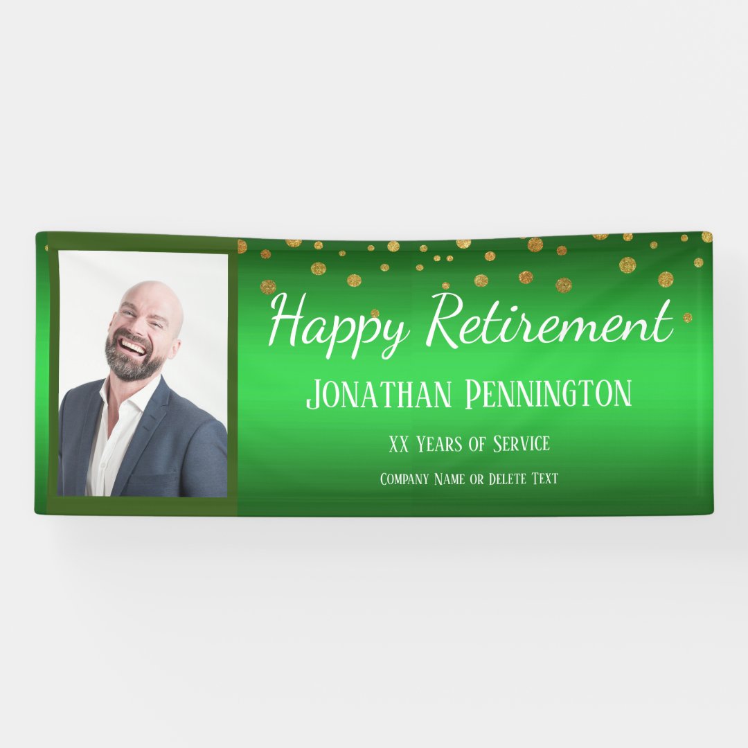 Happy Retirement Green Gold Confetti One Photo Banner | Zazzle