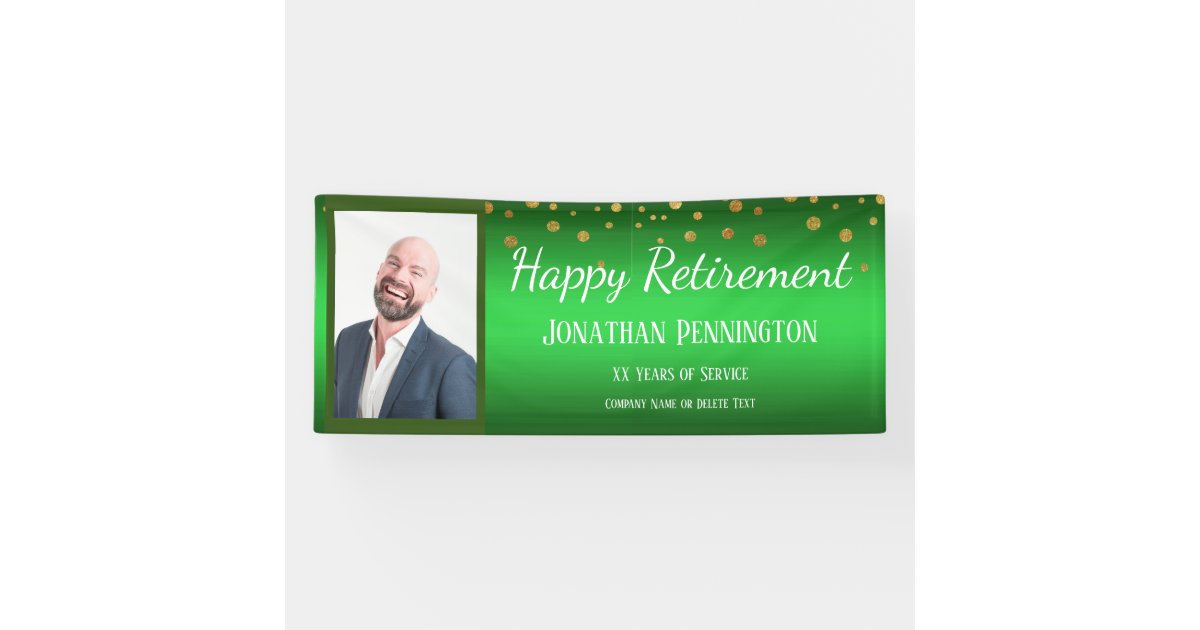 Happy Retirement Green Gold Confetti One Photo Banner | Zazzle