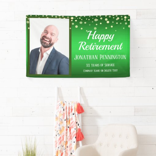 Happy Retirement Green with Confetti One Photo Banner | Zazzle
