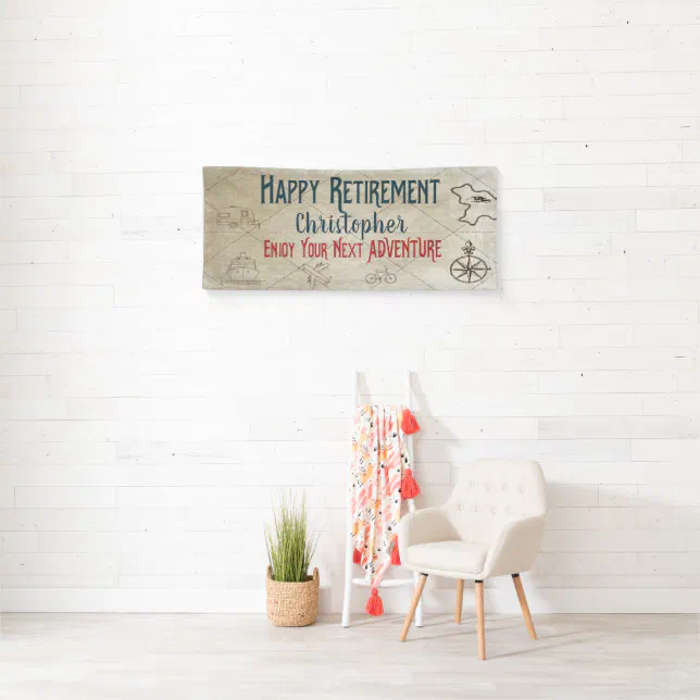 Happy Retirement New Adventure Map Monogrammed Banner | Zazzle
