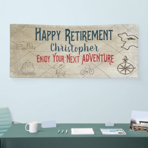 Happy Retirement New Adventure Map Monogrammed Banner | Zazzle