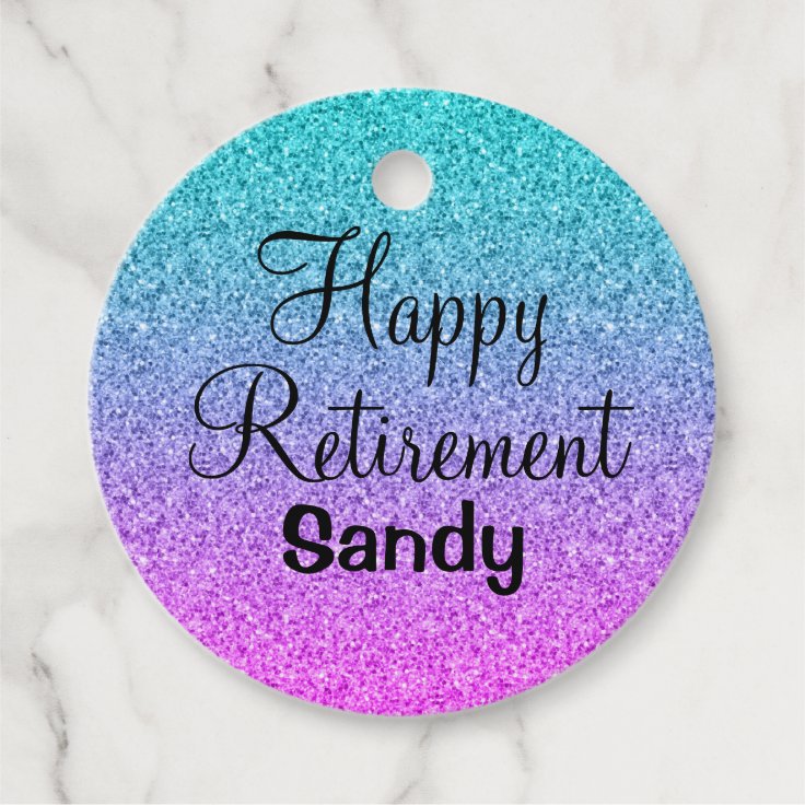 Happy Retirement Ombre Pink Blue Purple Glitter Favor Tags | Zazzle