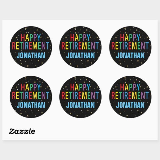 Happy Retirement Party colorful with name Classic Round Sticker | Zazzle