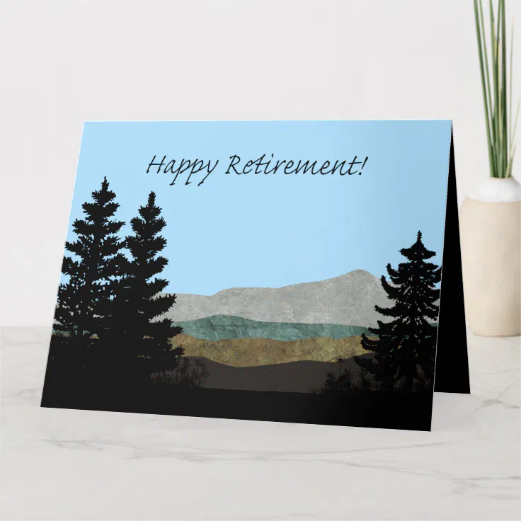 Happy Retirement! Pine Trees Silhouettes Mountains Card | Zazzle