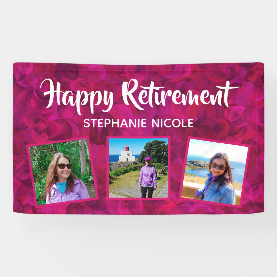 Happy Retirement Pink Name Multiple Photos Banner | Zazzle