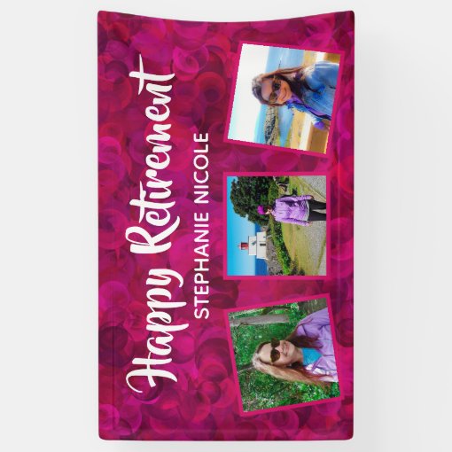 Happy Retirement Pink Name Multiple Photos Banner | Zazzle