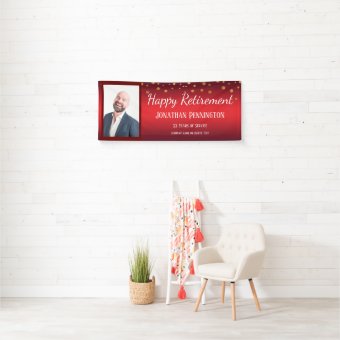 Happy Retirement Red with Gold Confetti One Photo Banner | Zazzle