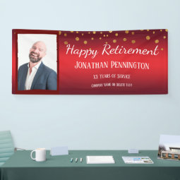 Happy Retirement Red with Gold Confetti One Photo Banner | Zazzle