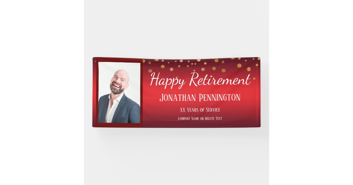 Happy Retirement Red with Gold Confetti One Photo Banner | Zazzle