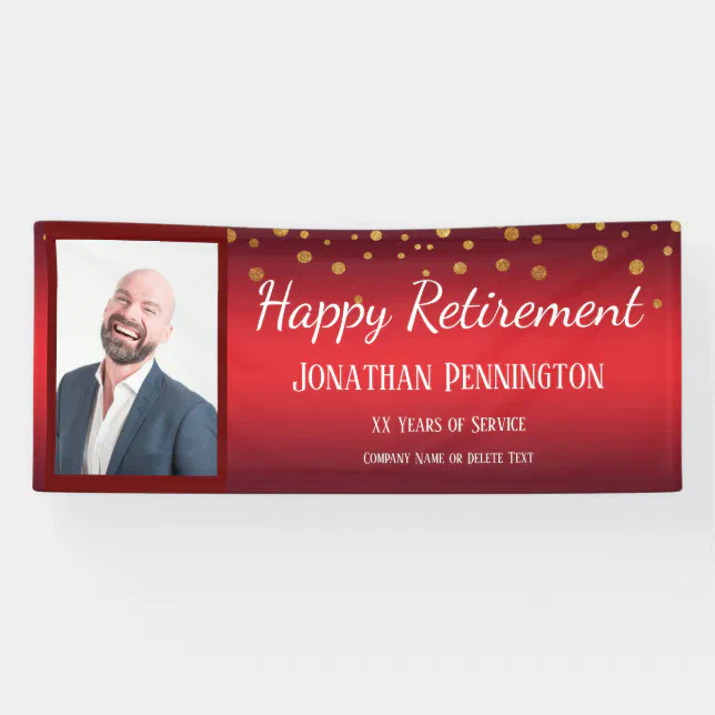 Happy Retirement Red with Gold Confetti One Photo Banner | Zazzle