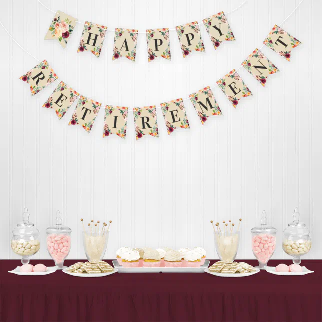 Happy Retirement Rustic Burgundy Pink Fall Floral Bunting Flags | Zazzle