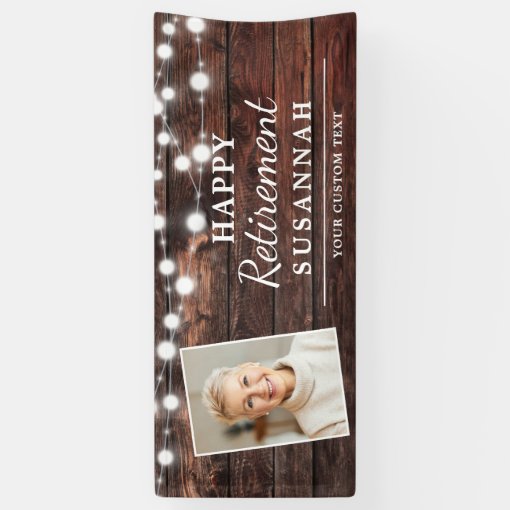 Happy Retirement Rustic Wood String Lights Photo Banner | Zazzle