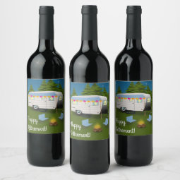 Happy Retirement! RV Camper in Woods Wine Label | Zazzle
