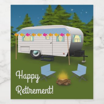 Happy Retirement! RV Camper in Woods Wine Label | Zazzle