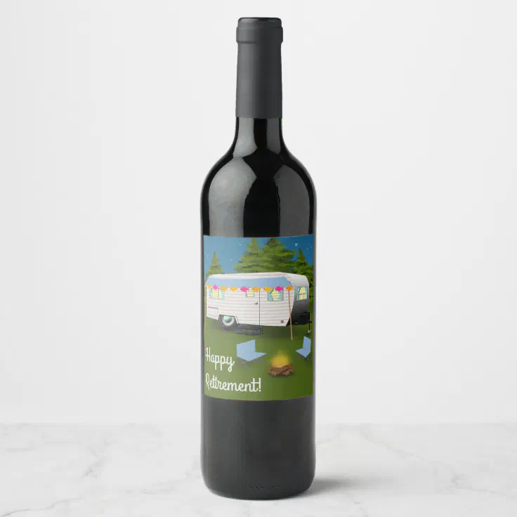 Happy Retirement! RV Camper in Woods Wine Label | Zazzle