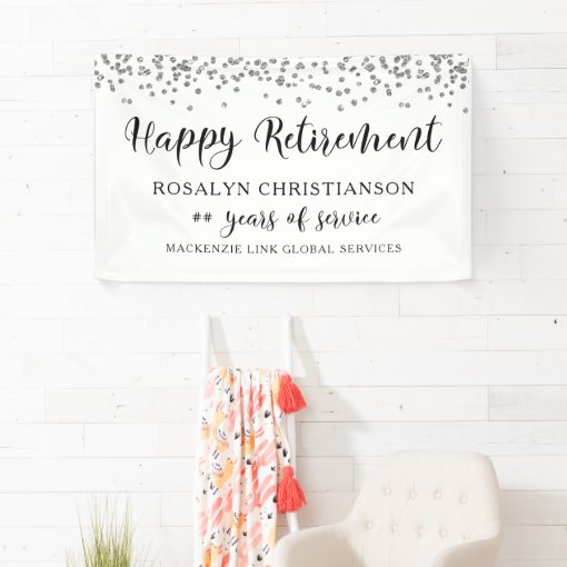 Happy Retirement Silver Confetti Script Name Banner | Zazzle