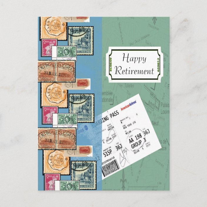 Happy Retirement Stamps of the World Postcard | Zazzle.com