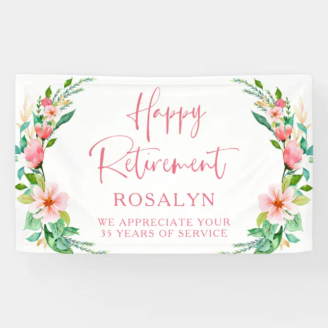 Happy Retirement Tropical Floral Pink Script Banner | Zazzle