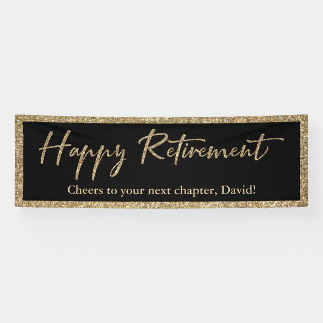 Happy Retirement Typography Gold Glitter and Black Banner | Zazzle