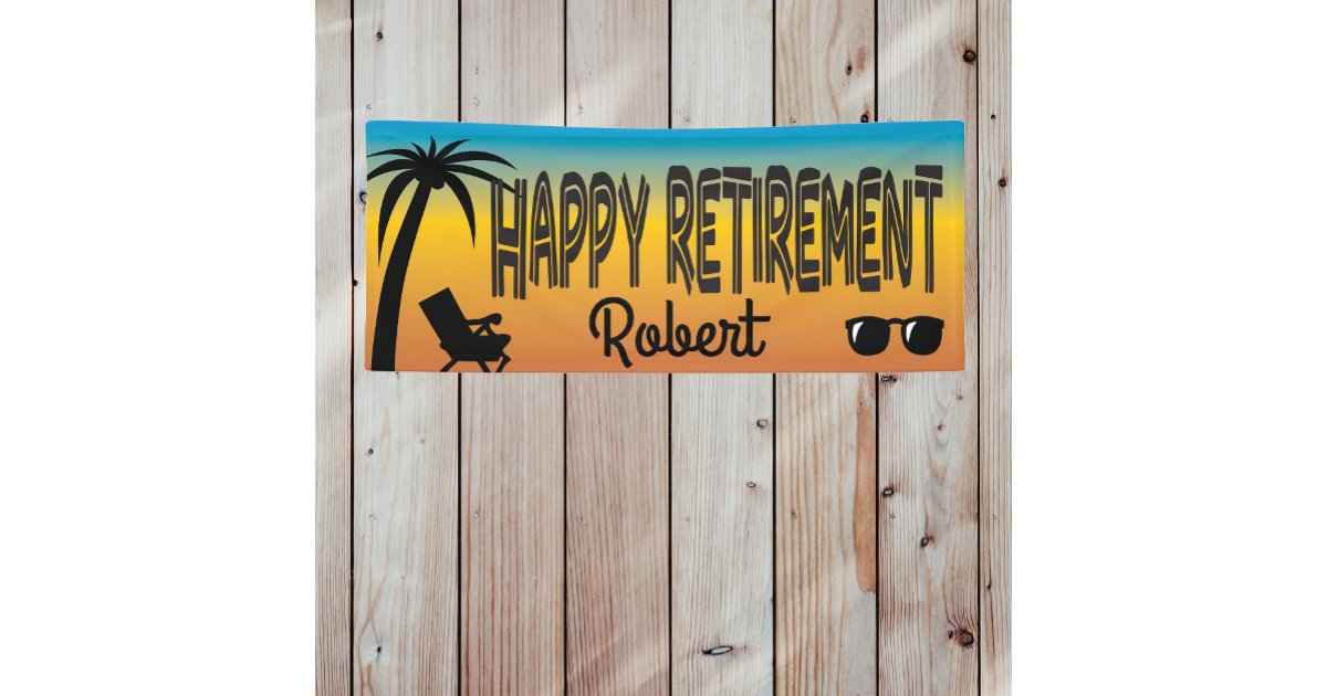 Happy Retirement with beach chair and palm tree Banner | Zazzle