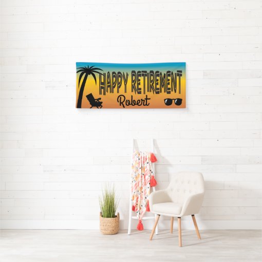 Happy Retirement with beach chair and palm tree Banner | Zazzle
