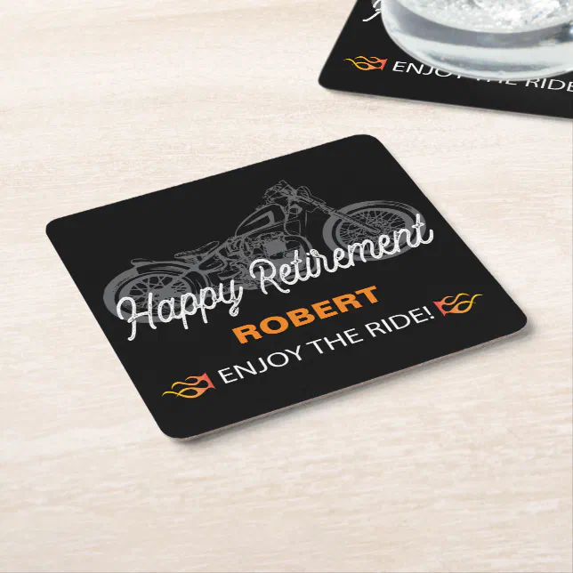 Happy Retirement with Motorcycle for Biker Square Paper Coaster | Zazzle
