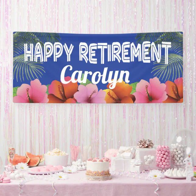 Happy Retirement with tropical palms and flowers Banner | Zazzle
