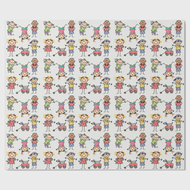 Happy Retro Playing Stickman Tumbling Children Wrapping Paper | Zazzle