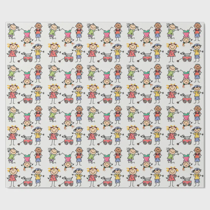 Happy Retro Playing Stickman Tumbling Children Wrapping Paper | Zazzle
