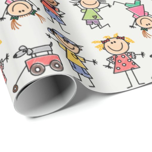 Happy Retro Playing Stickman Tumbling Children Wrapping Paper | Zazzle