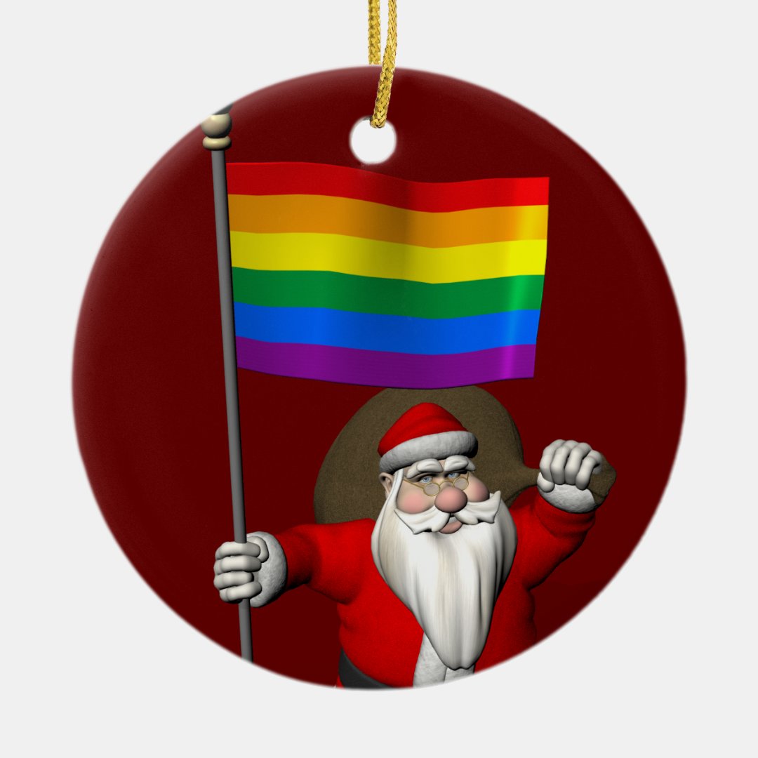 Happy Santa Claus With Gay Pride Rainbow Flag Ceramic Ornament | Zazzle