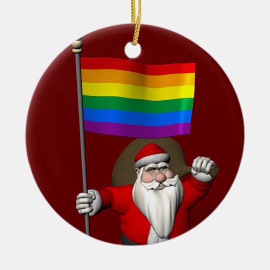 Happy Santa Claus With Gay Pride Rainbow Flag Ceramic Ornament | Zazzle.com