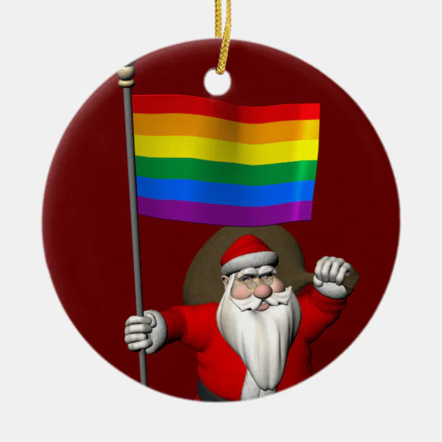 Happy Santa Claus With Gay Pride Rainbow Flag Ceramic Ornament | Zazzle