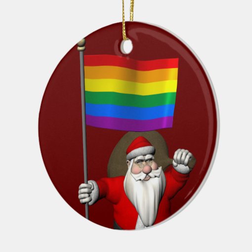Happy Santa Claus With Gay Pride Rainbow Flag Ceramic Ornament | Zazzle