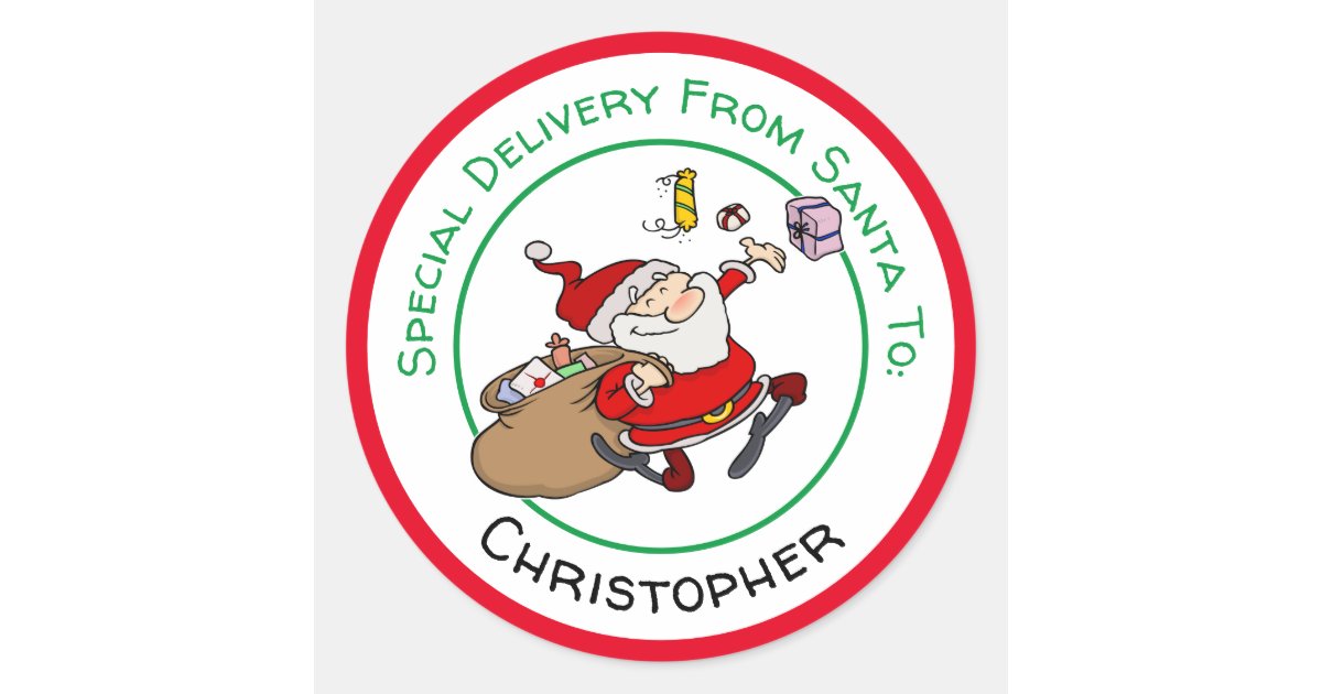 Happy Santa Delivering Christmas Presents Classic Round Sticker | Zazzle