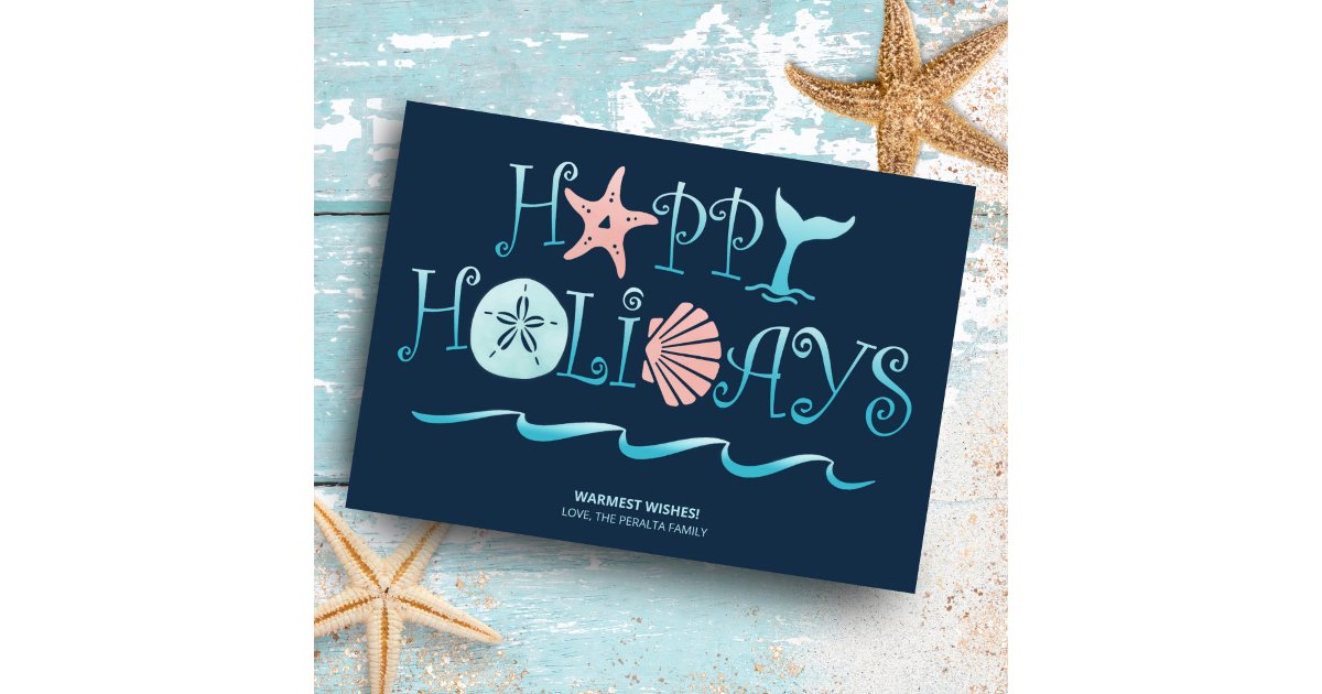 Happy Seashore | Beach Seashell Navy Christmas Holiday Card | Zazzle