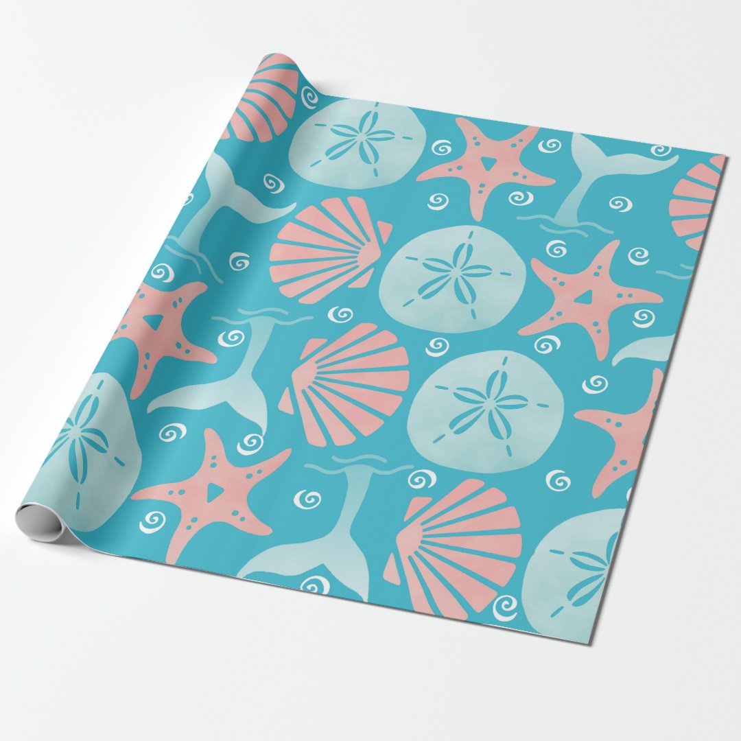 Happy Seashore | Nautical Beach Seashell Christmas Wrapping Paper | Zazzle