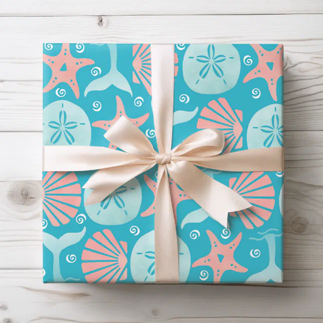 Happy Seashore | Nautical Beach Seashell Christmas Wrapping Paper | Zazzle