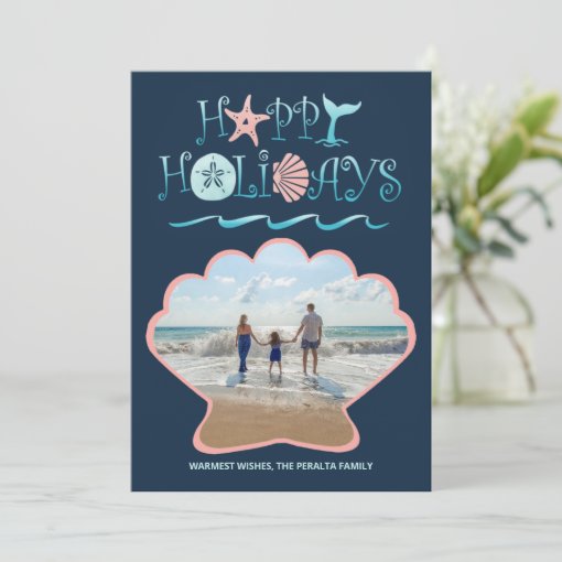 Happy Seashore | Navy Beach Seashell Photo Holiday Card | Zazzle