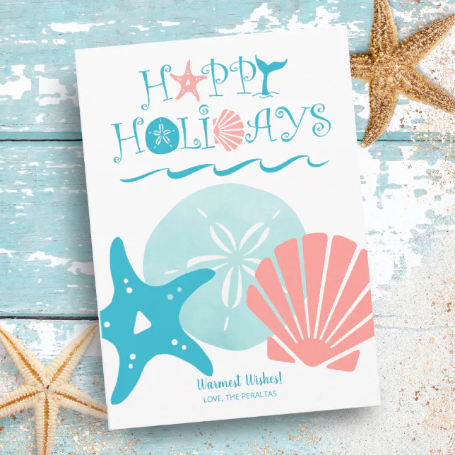 Happy Seashore | Tropical Beach Seashell Christmas Holiday Card | Zazzle
