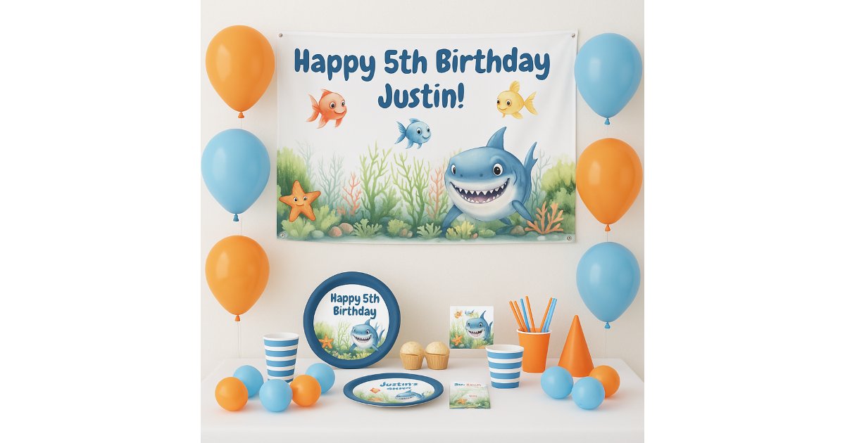 Happy Shark Under the Sea Birthday Banner | Zazzle